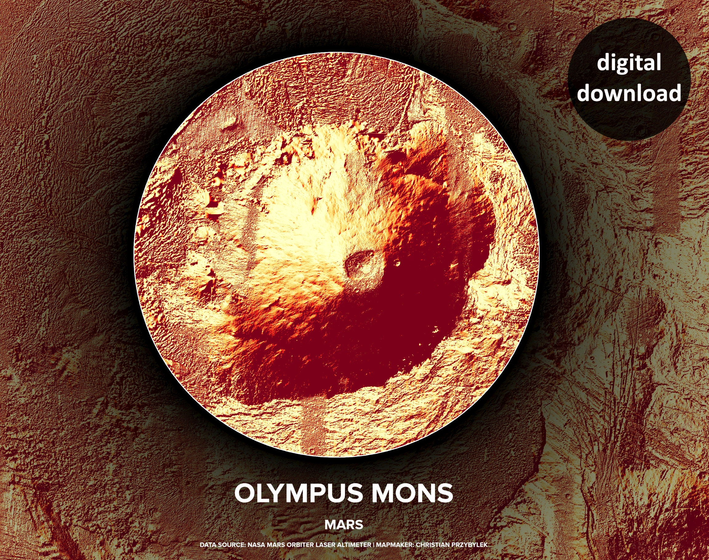 Topographic Map Of Olympus Mons Mars Digital Download 85 Inches X 11 Inches Etsy México