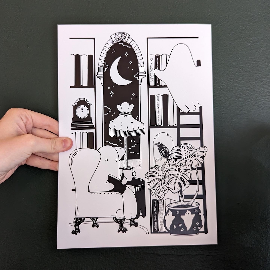 Ghost Story Print, the Haunted Midnight Library A4 Black and White Art ...