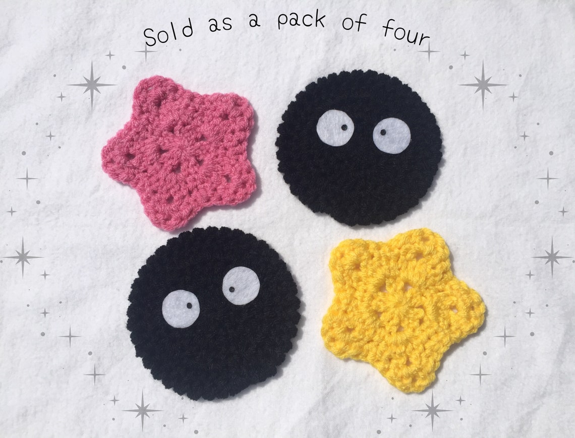 Crochet Soot Sprite Coasters: 4-pack; Dust Bunny W/ Konpeito- Crocheted ...