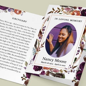 FUNERAL PROGRAM EDITABLE Template, Printable Purple Rose Flower Funeral ...