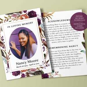 FUNERAL PROGRAM EDITABLE Template, Printable Purple Rose Flower Funeral ...