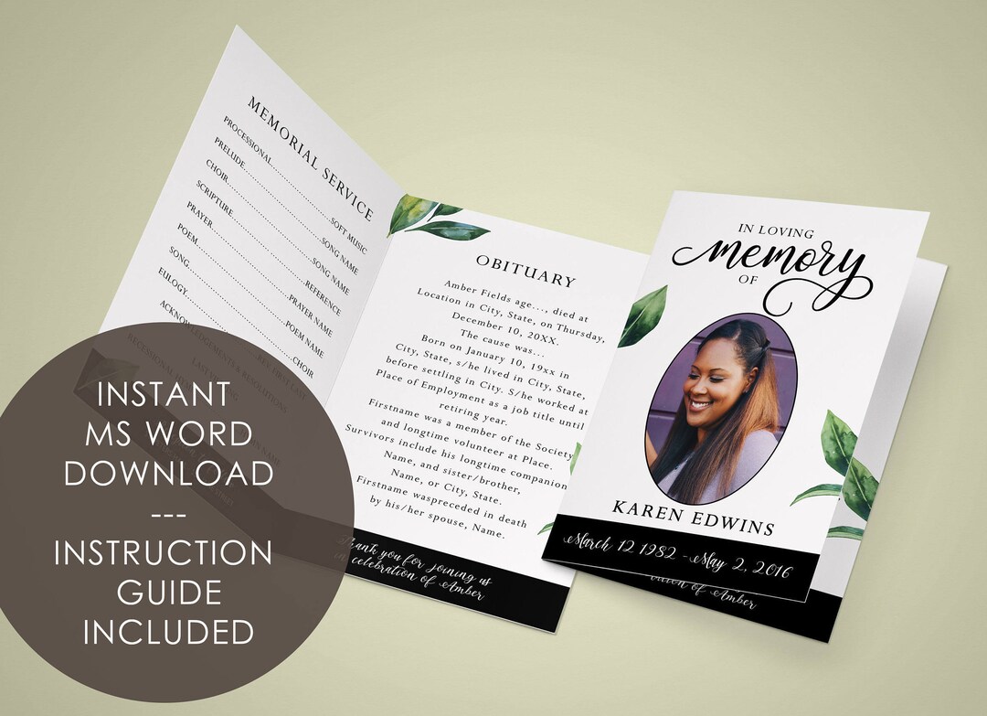 FUNERAL PROGRAM EDITABLE Template, Printable Funeral Template, in ...