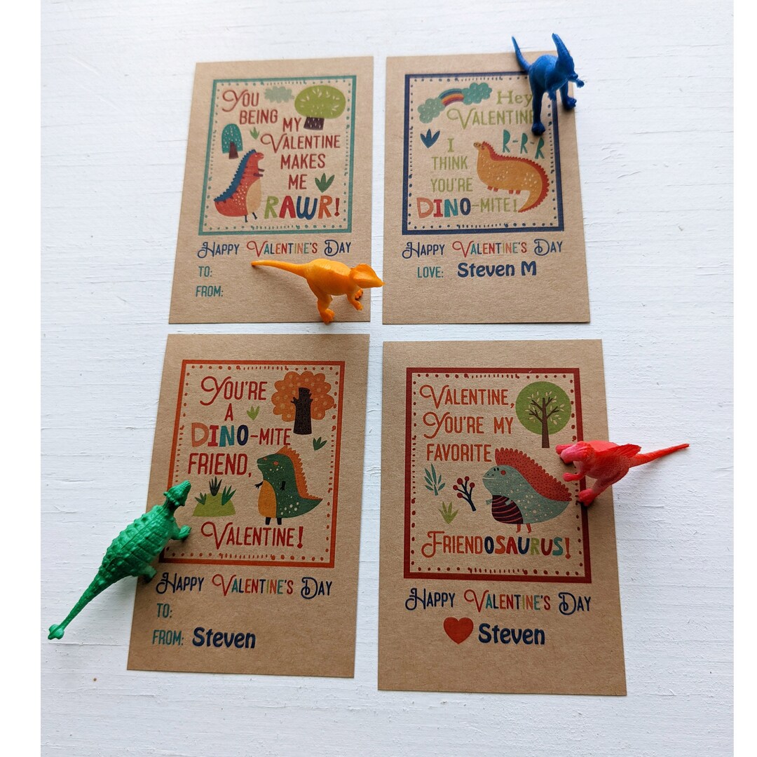 Dinosaur Personalized Valentine for Kids Classroom School With Toy Non ...