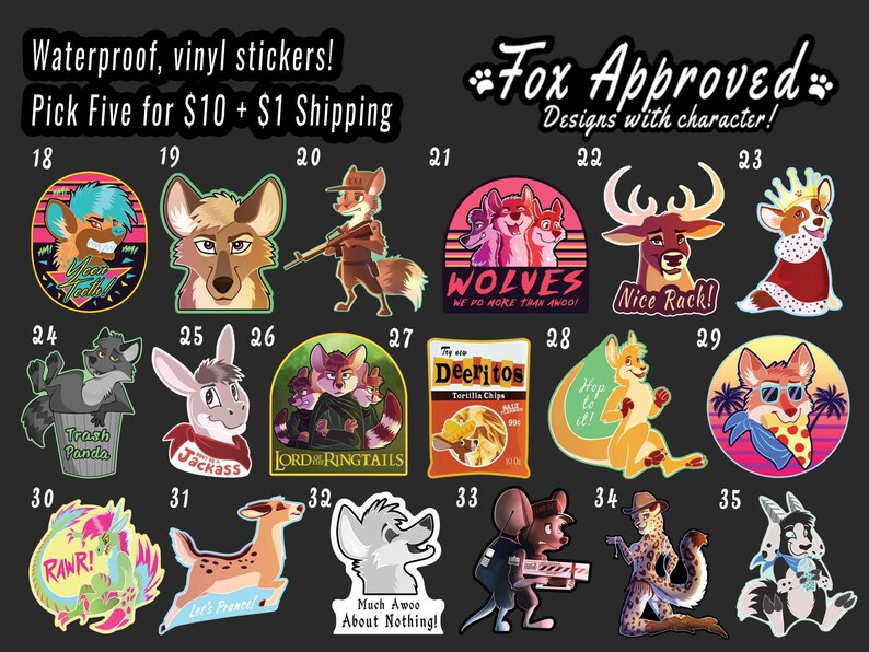 Cartoon Animal Stickers by FoxApproved Five Pack Pick from | Etsy
