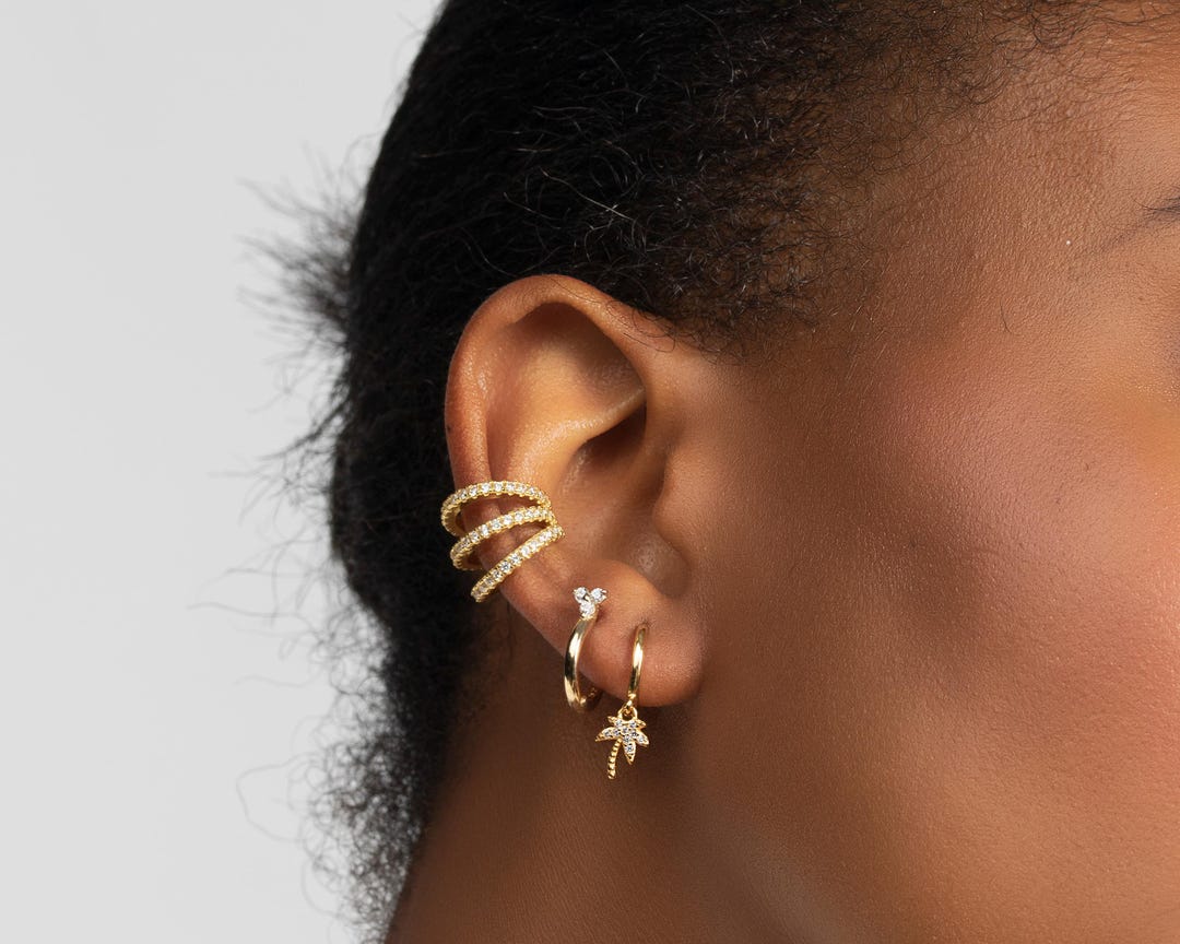 Palm Tree CZ Dangle Huggies 18K Gold 925 Sterling Silver Dainty ...