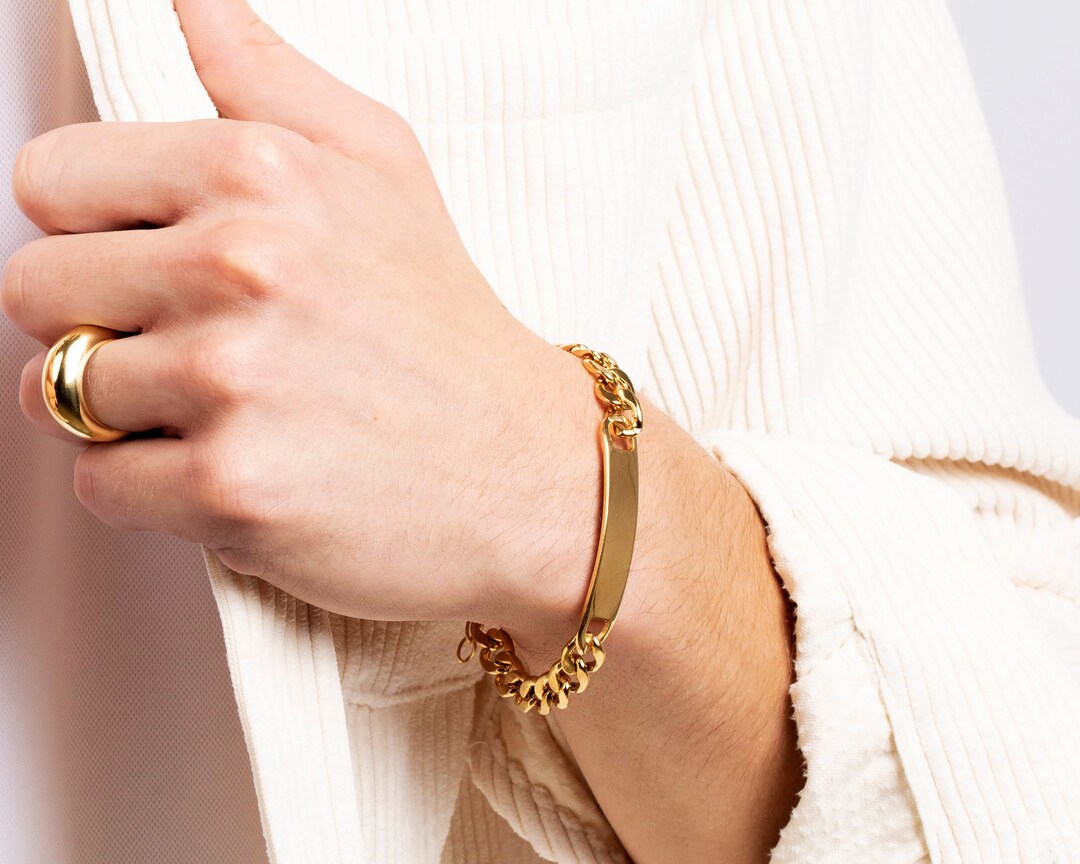 Personalized 18k Gold Plated ID Bracelet - Custom Engraved Stainless ...