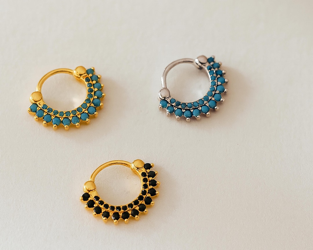 Turquoise or Onyx Daith Hoop – 18k Gold Plated or Silver Septum Ring - Etsy