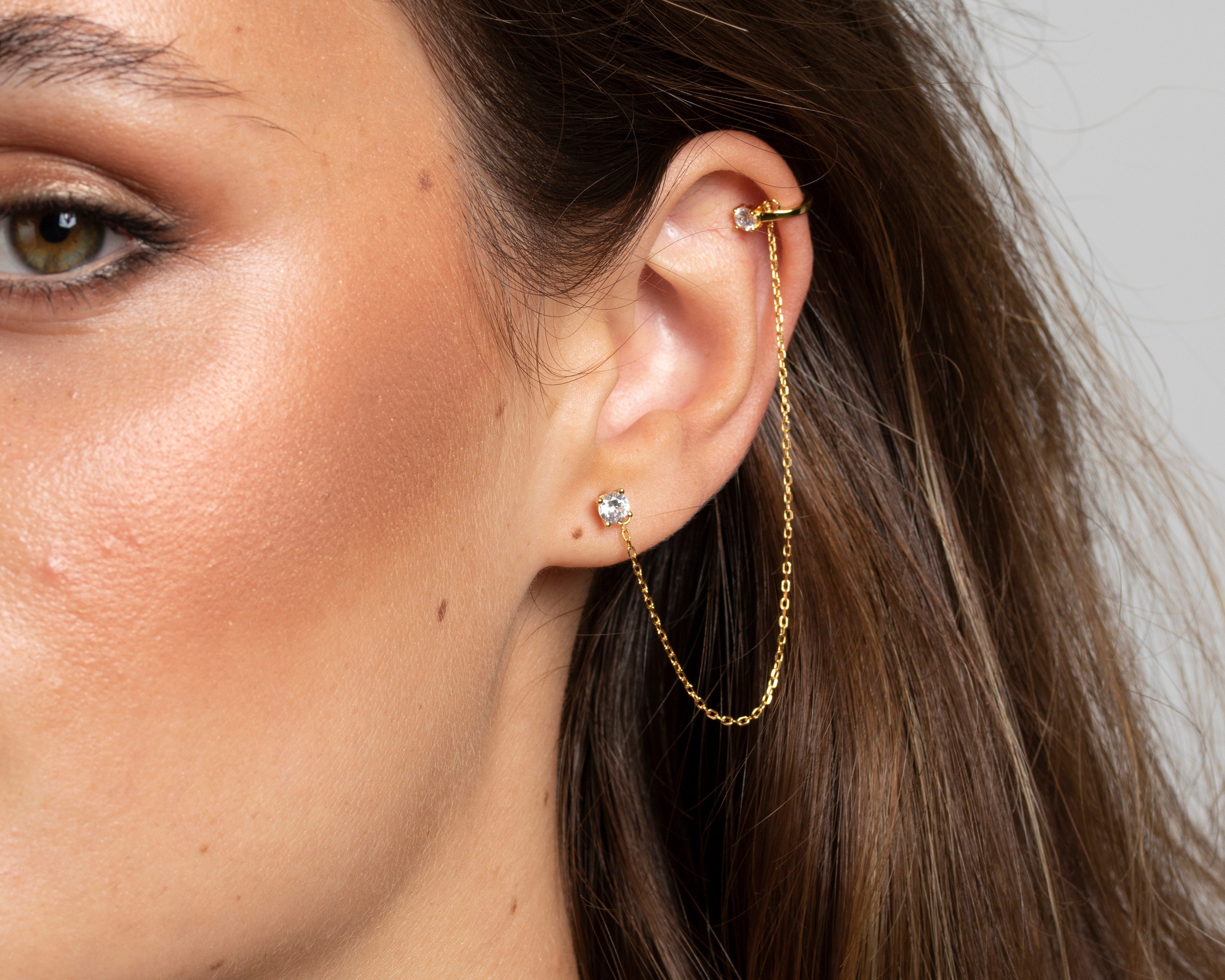 Stud With Chain and Cartilage Hugging Cuff Gold Ear Cuff Ear | Etsy