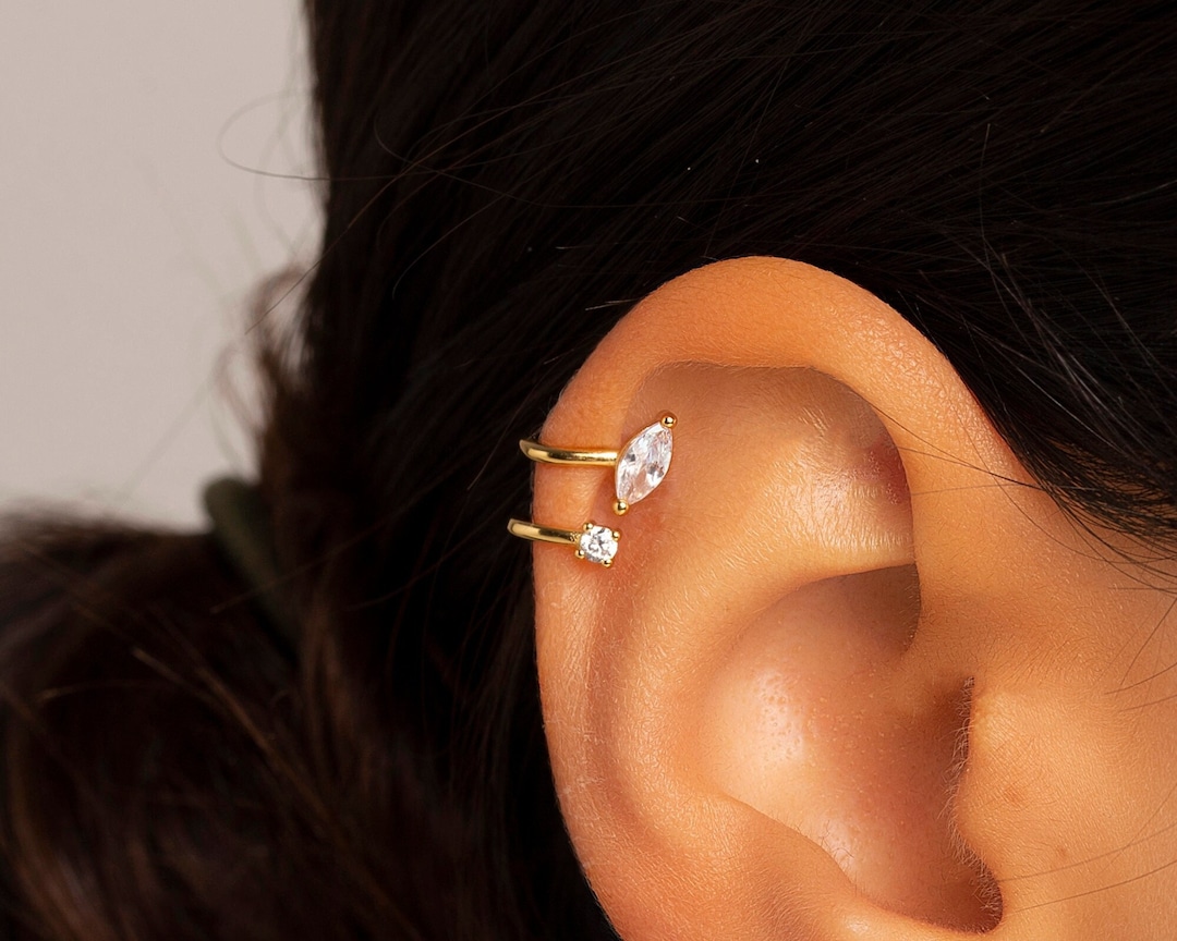 CZ Sterling Silver Ear Cuff: Dainty Marquise Double Band Non Pierced ...
