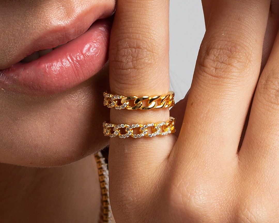Gold Pave CZ Cuban Chain Ring: Sterling Silver Stacking Band - Etsy