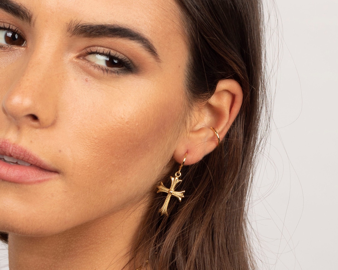 Gold Cross Hoop Earring: Sterling Silver Dangle Pendant - Etsy