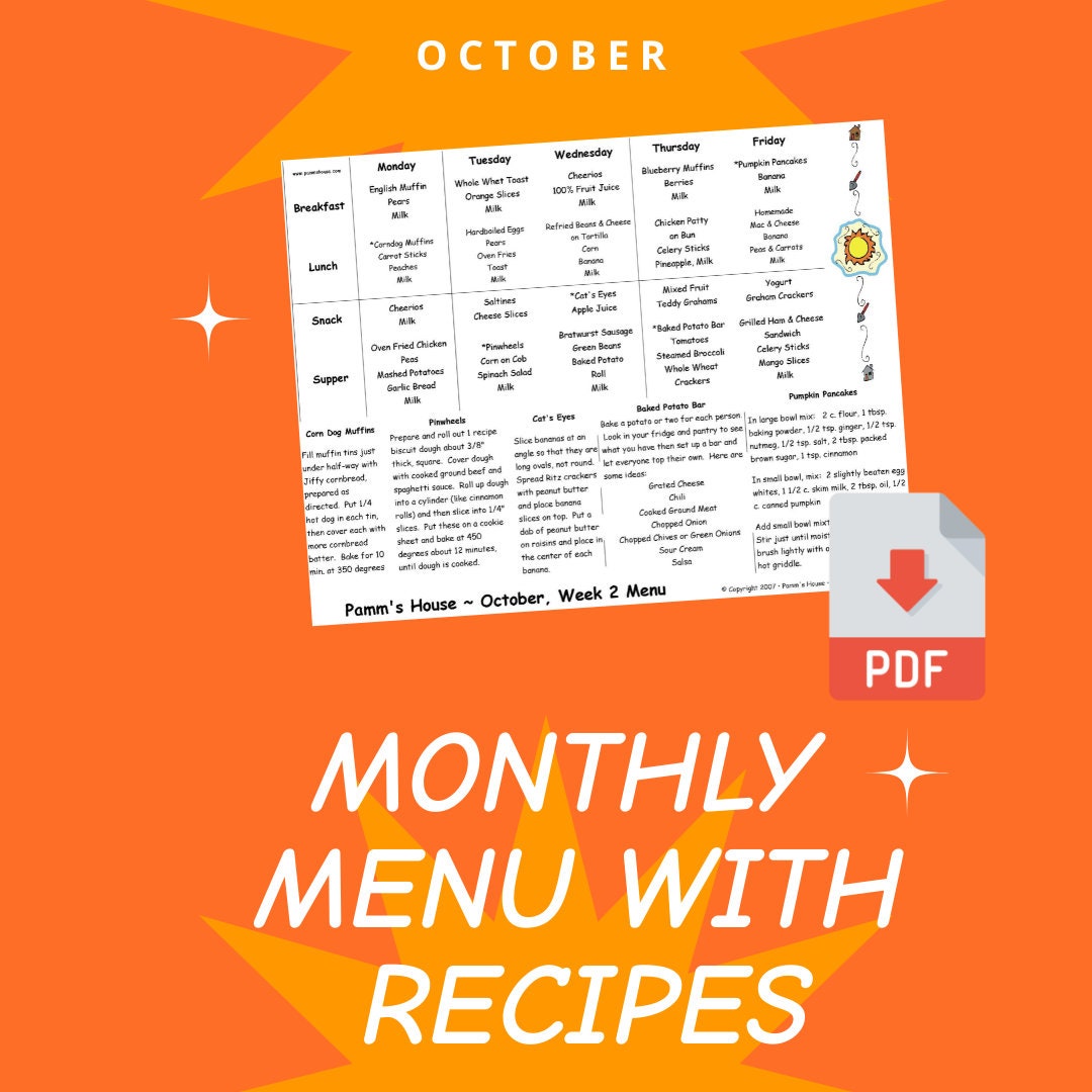 Monthly Printable Menu With Recipes - for Family or Daycare - Breakfast ...