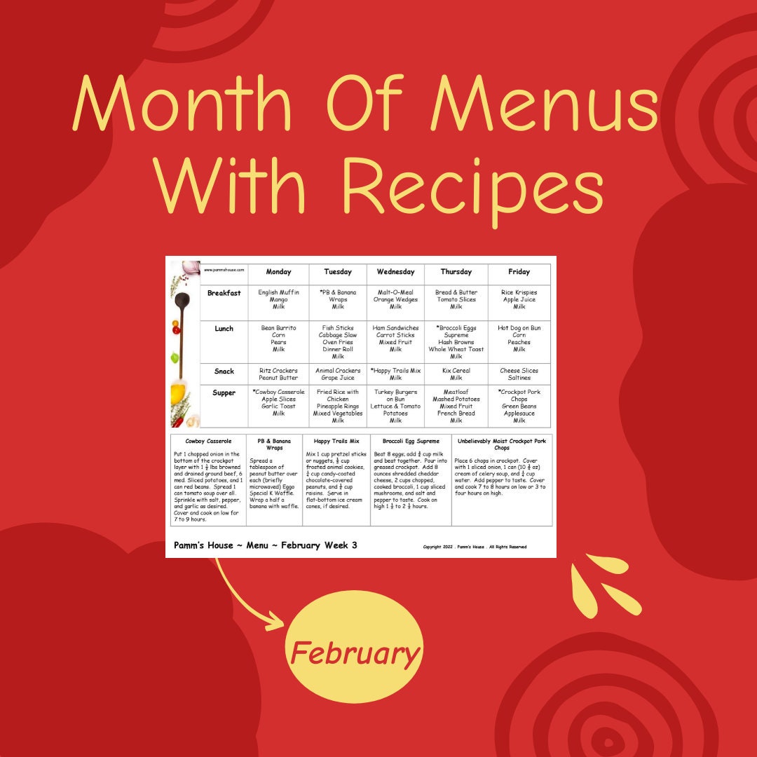 Monthly Printable Menu With Recipes - for Family or Daycare - Breakfast ...