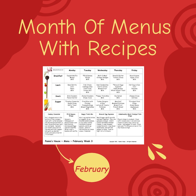 Monthly Printable Menu With Recipes - for Family or Daycare - Breakfast ...
