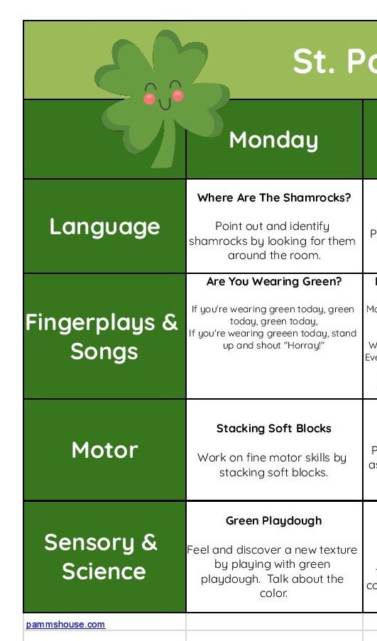 St. Patrick's Day Printable Infant Lesson Plans for Baby - Learning ...