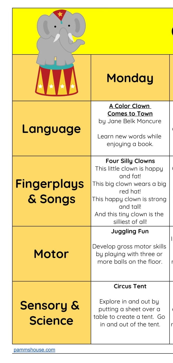 Circus Printable Infant Lesson Plans for Baby - Learning Through Play ...