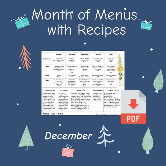 Monthly Printable Menu With Recipes for Family or Daycare | Etsy