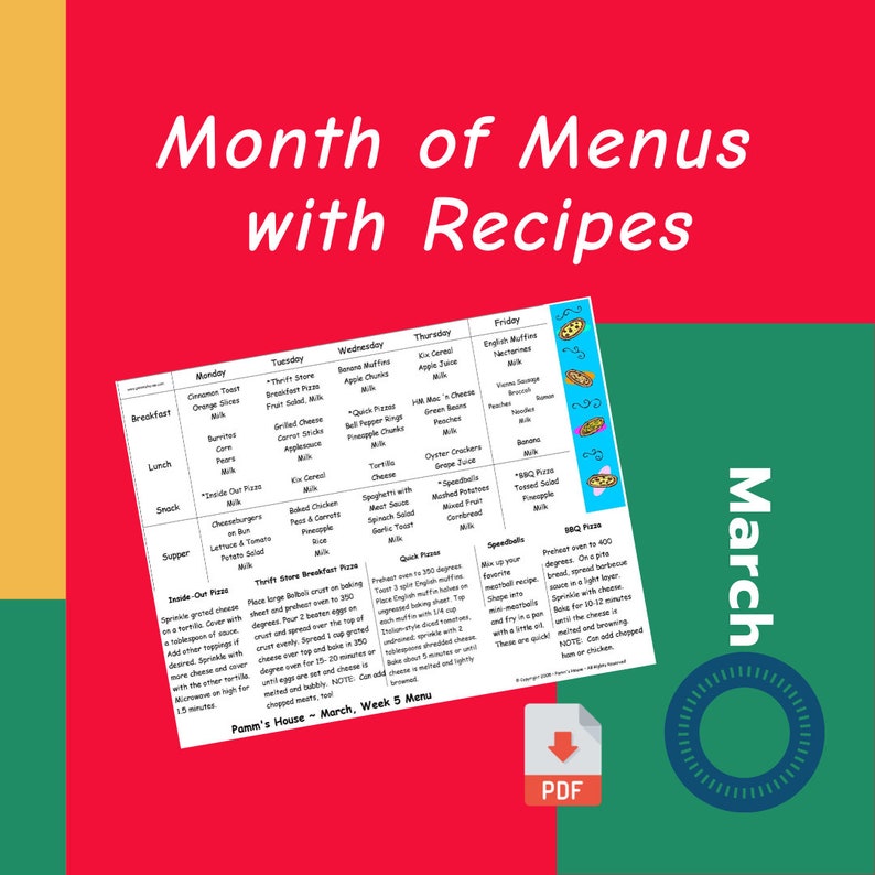 Monthly Printable Menu With Recipes - for Family or Daycare - Breakfast ...