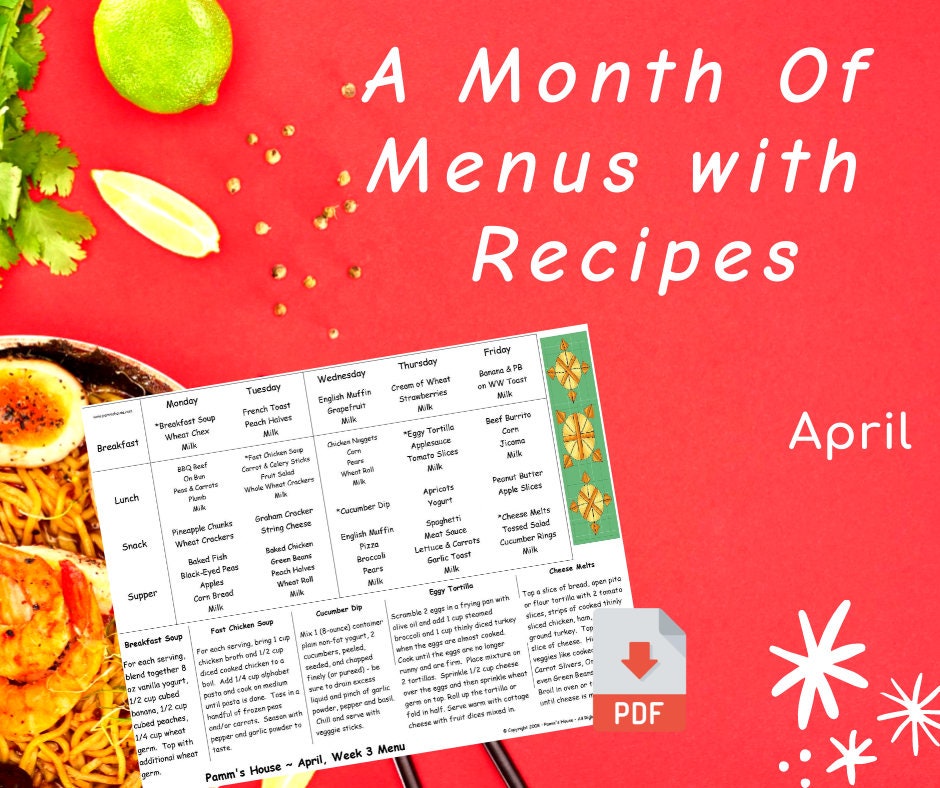 Monthly Printable Menu With Recipes - for Family or Daycare - Breakfast ...