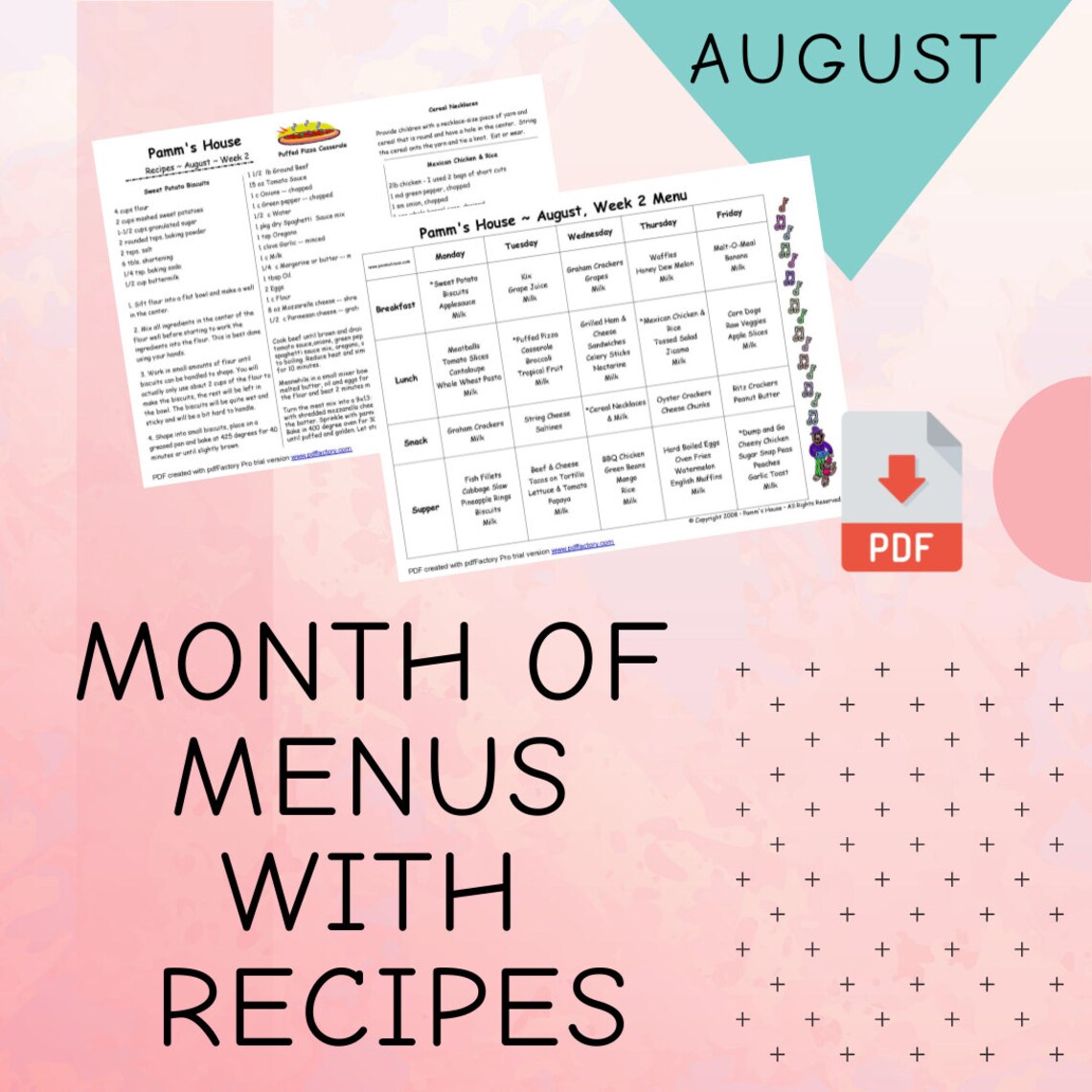 Monthly Printable Menu With Recipes - for Family or Daycare - Breakfast ...