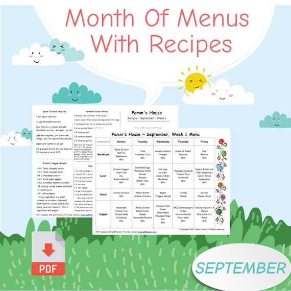 Monthly Printable Menu With Recipes for Family or Daycare - Etsy