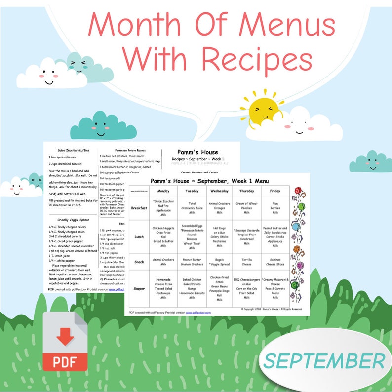 Monthly Printable Menu With Recipes - for Family or Daycare - Breakfast ...