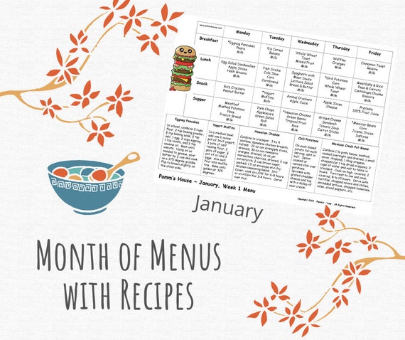 Monthly Printable Menu With Recipes for Family or Daycare | Etsy