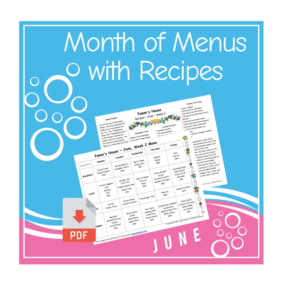 Monthly Printable Menu With Recipes - for Family or Daycare - Breakfast ...