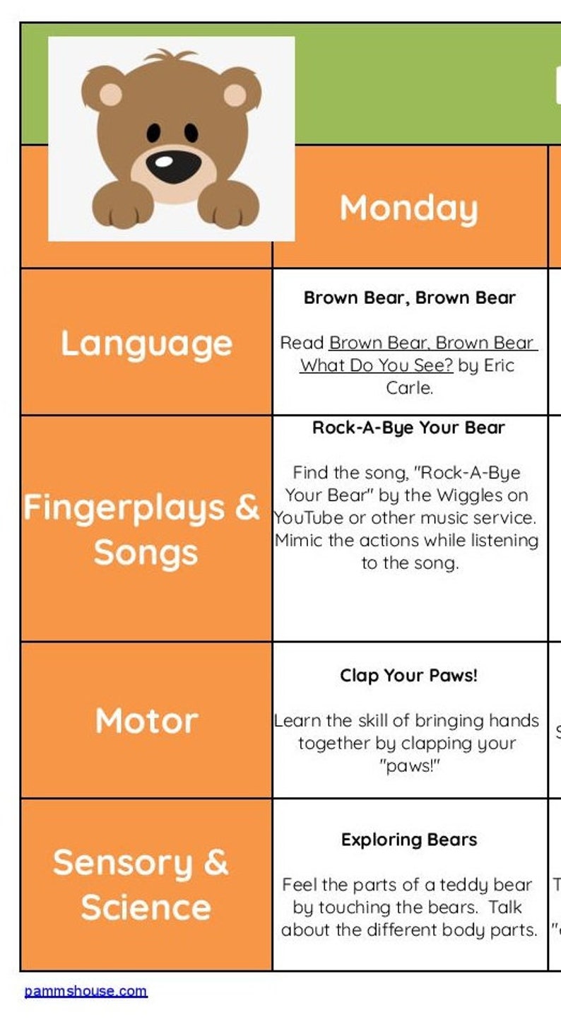 Bear Printable Infant Lesson Plans for Baby - Learning Through Play - Etsy