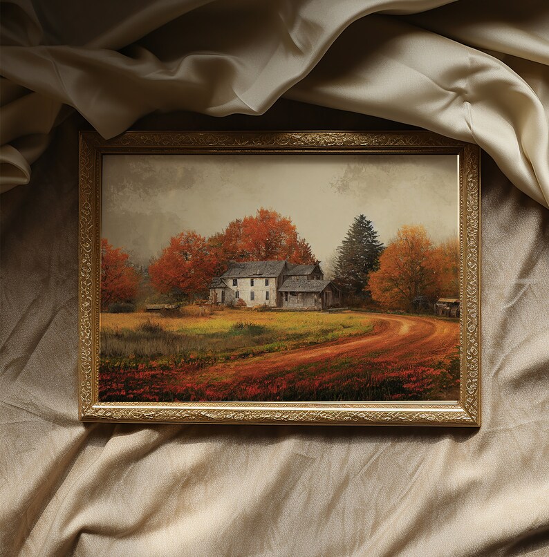 Autumn Farmhouse Landscape Print | Rustic Fall Foliage (printable) - Etsy