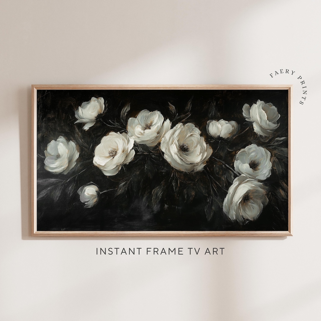 Dark Floral Frame TV Art | Black & White Roses Digital TV Art | Elegant ...