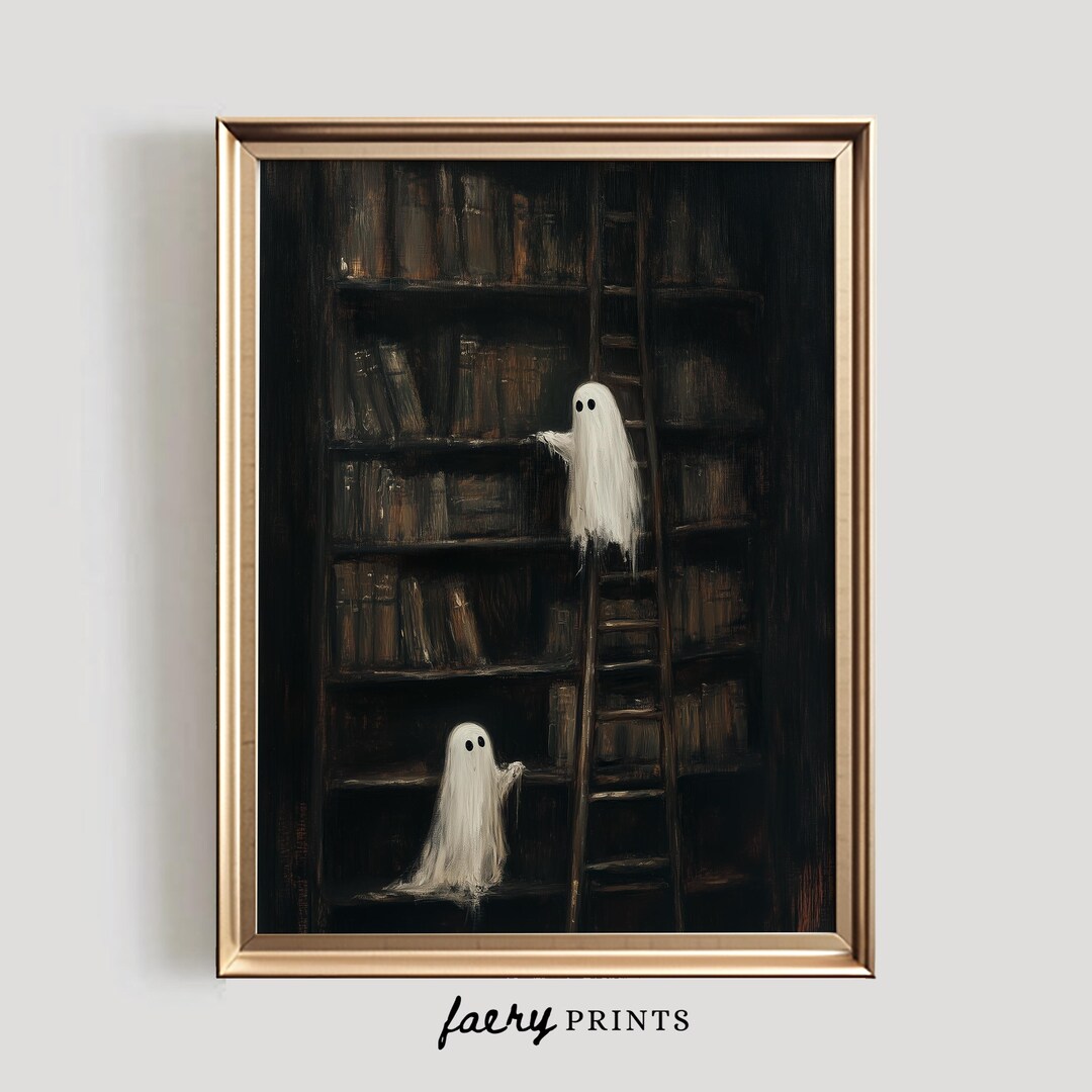 Ghost Library Print | Halloween PRINTABLE Wall Art | Cute Book Decor ...
