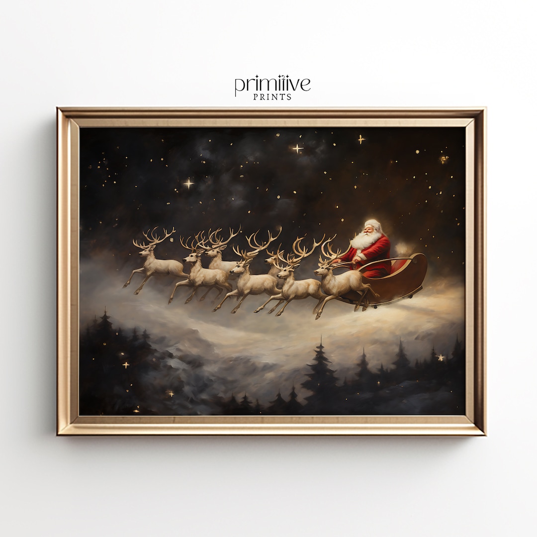 Santa Claus Art Print Christmas PRINTABLE Wall Art Sleigh & Reindeers ...