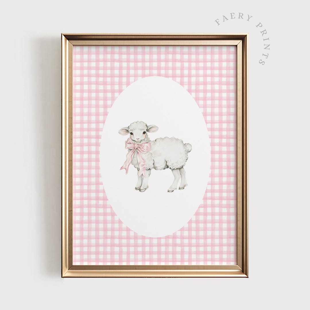 Lamb Nursery Print | Gingham Pink Nursery PRINTABLE Wall Art | Baby ...