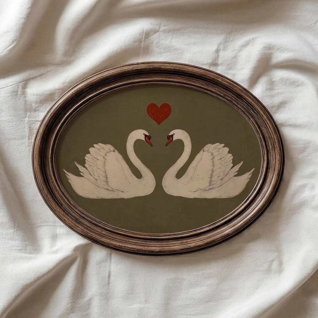Vintage Swan Love Birds Print: Romantic Olive Valentine Decor (digital ...