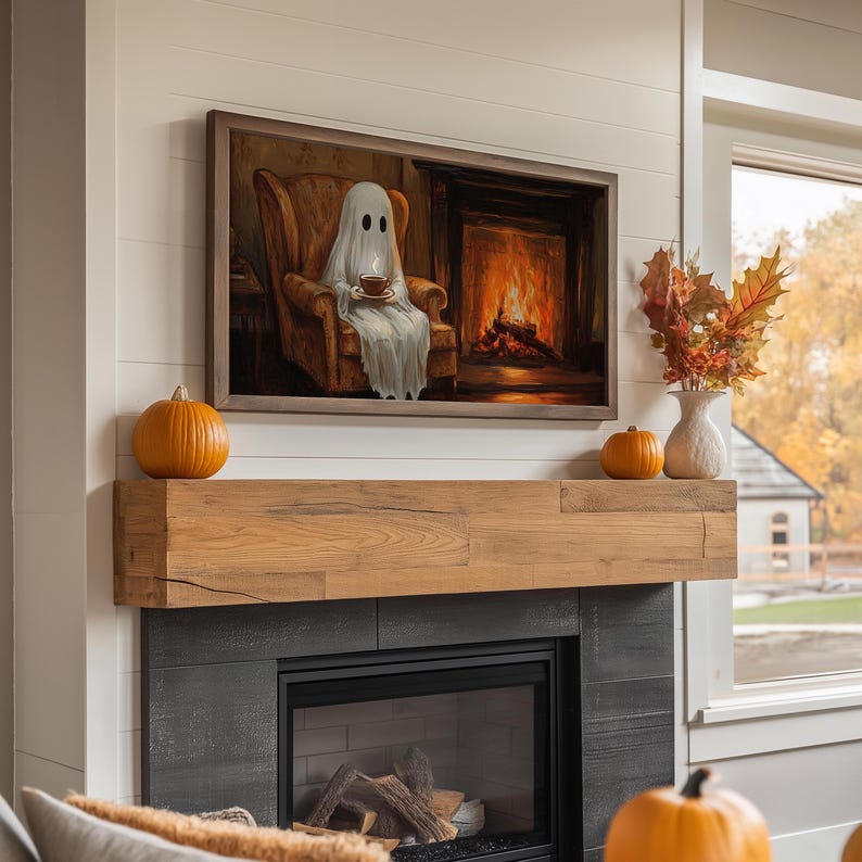 Ghost by Fireplace Frame TV Art | Whimsical Halloween Decor (digital ...