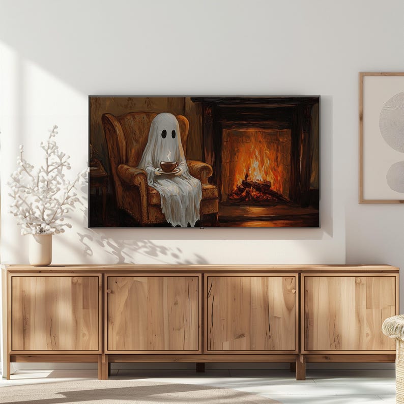 Ghost by Fireplace Frame TV Art | Whimsical Halloween Decor (digital ...