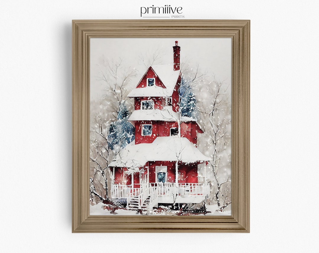 Winter House Painting Digital PRINTABLE Wall Art Red Watercolor Holiday ...