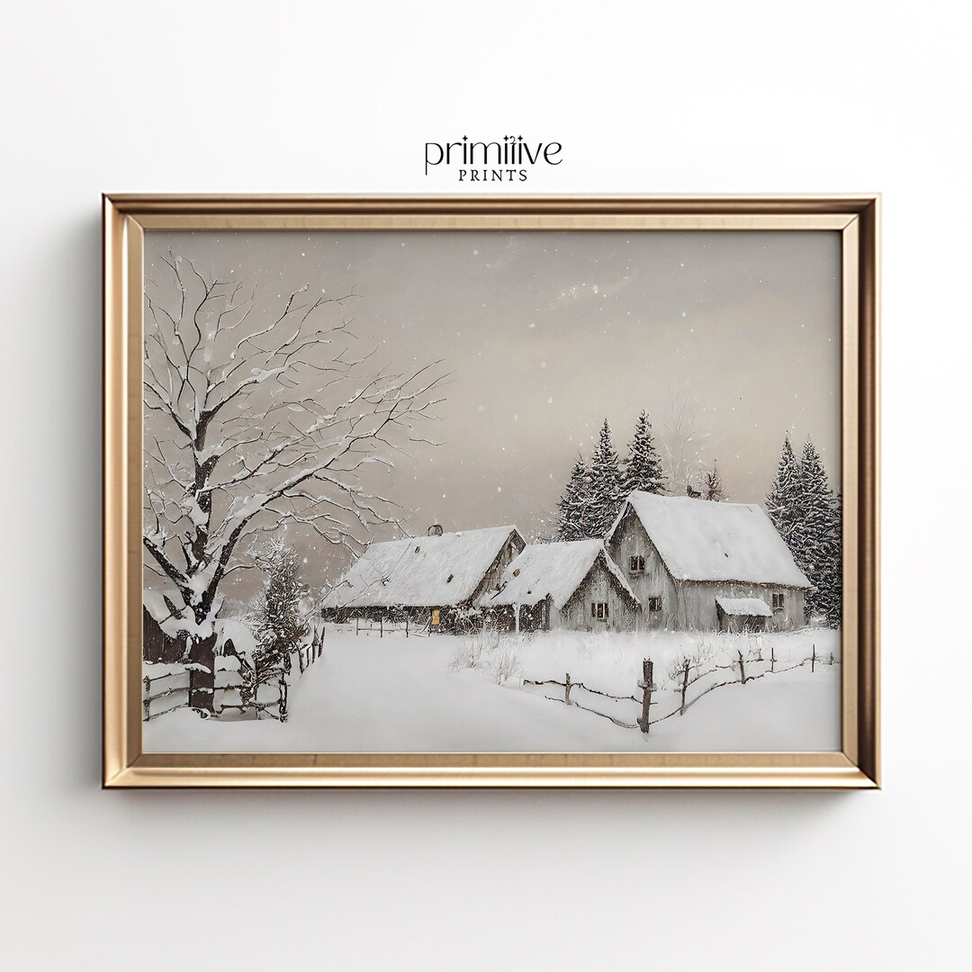 Winter Farmhouse Painting Digital PRINTABLE Wall Art Snowy Holiday ...