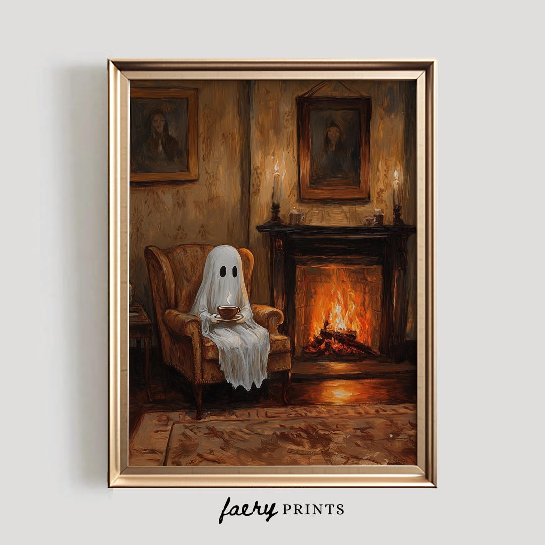 Ghost Drinking Tea Print | Halloween PRINTABLE Wall Art | Cute Ghost ...