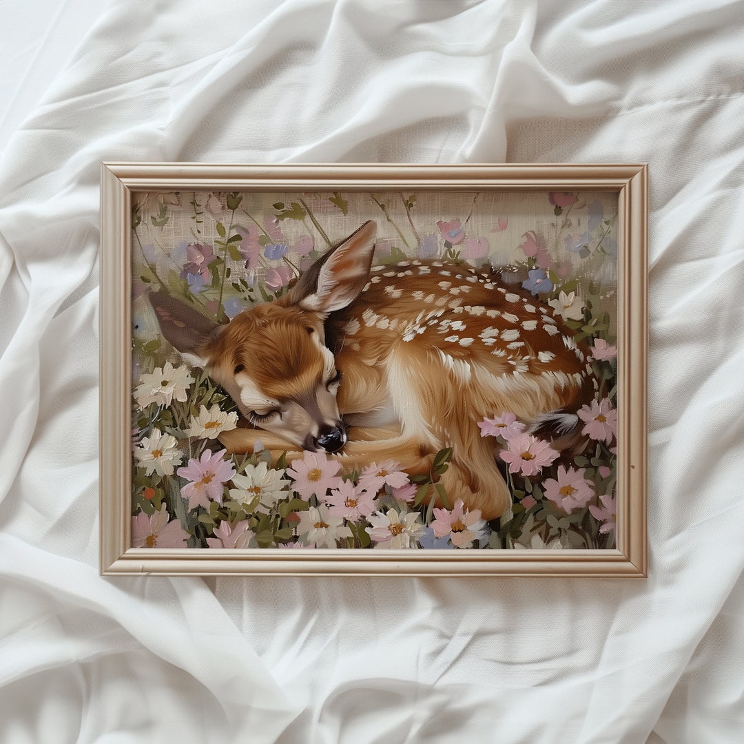 Fawn Sleeping on Flowers Print Spring PRINTABLE Wall Art Romantic Light ...