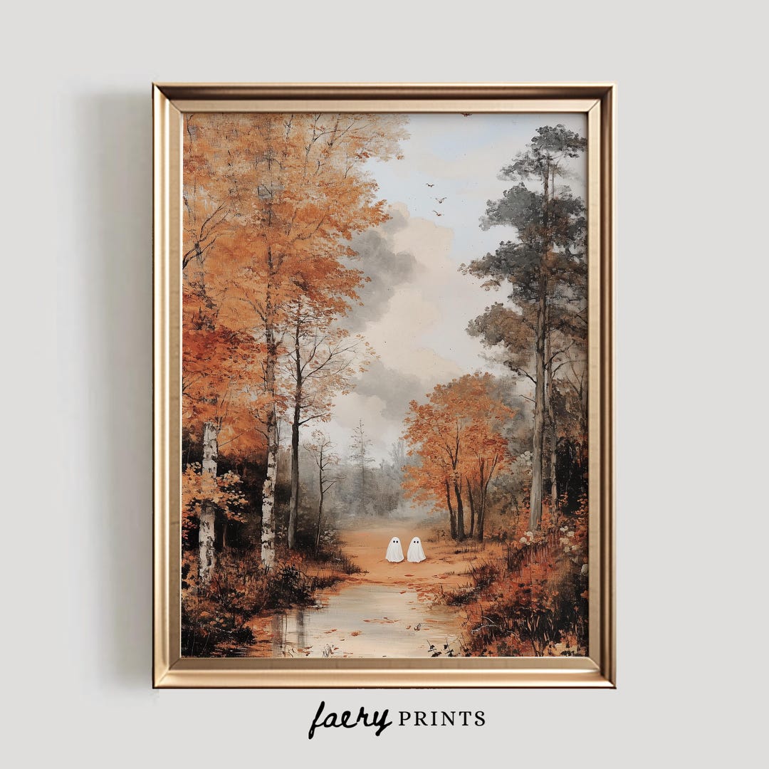 Ghosts in Autumn Landscape Art Print | Vintage Halloween Decor (digital ...