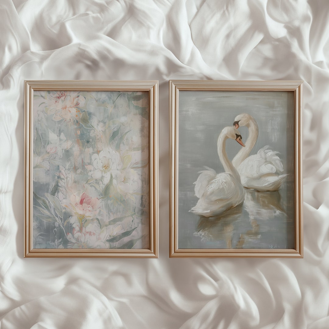 Vintage Swan Print Set of 2 PRINTABLE Art Prints | Elegant Floral Swan ...