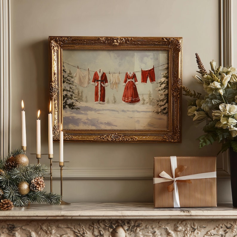 Santa Clothesline Christmas Print: Rustic Winter Scene (digital ...