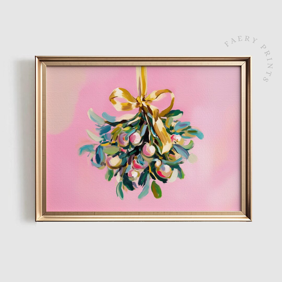 Pink Mistletoe Christmas Print | Gold Ribbon Holiday Wall Art (digital ...