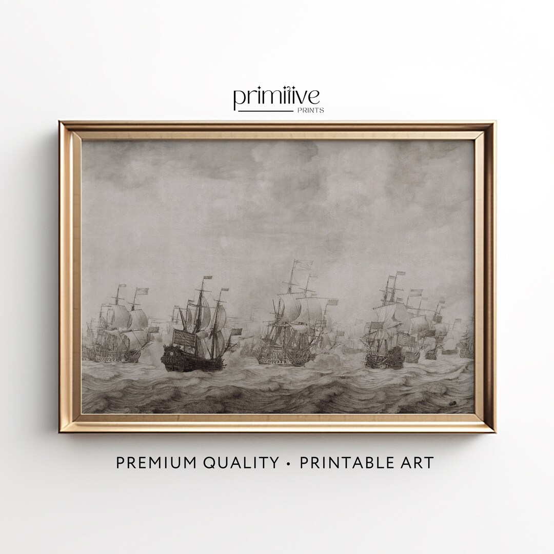 Battleships Print PRINTABLE Wall Art Neutral Stormy Ocean Art Sketch ...