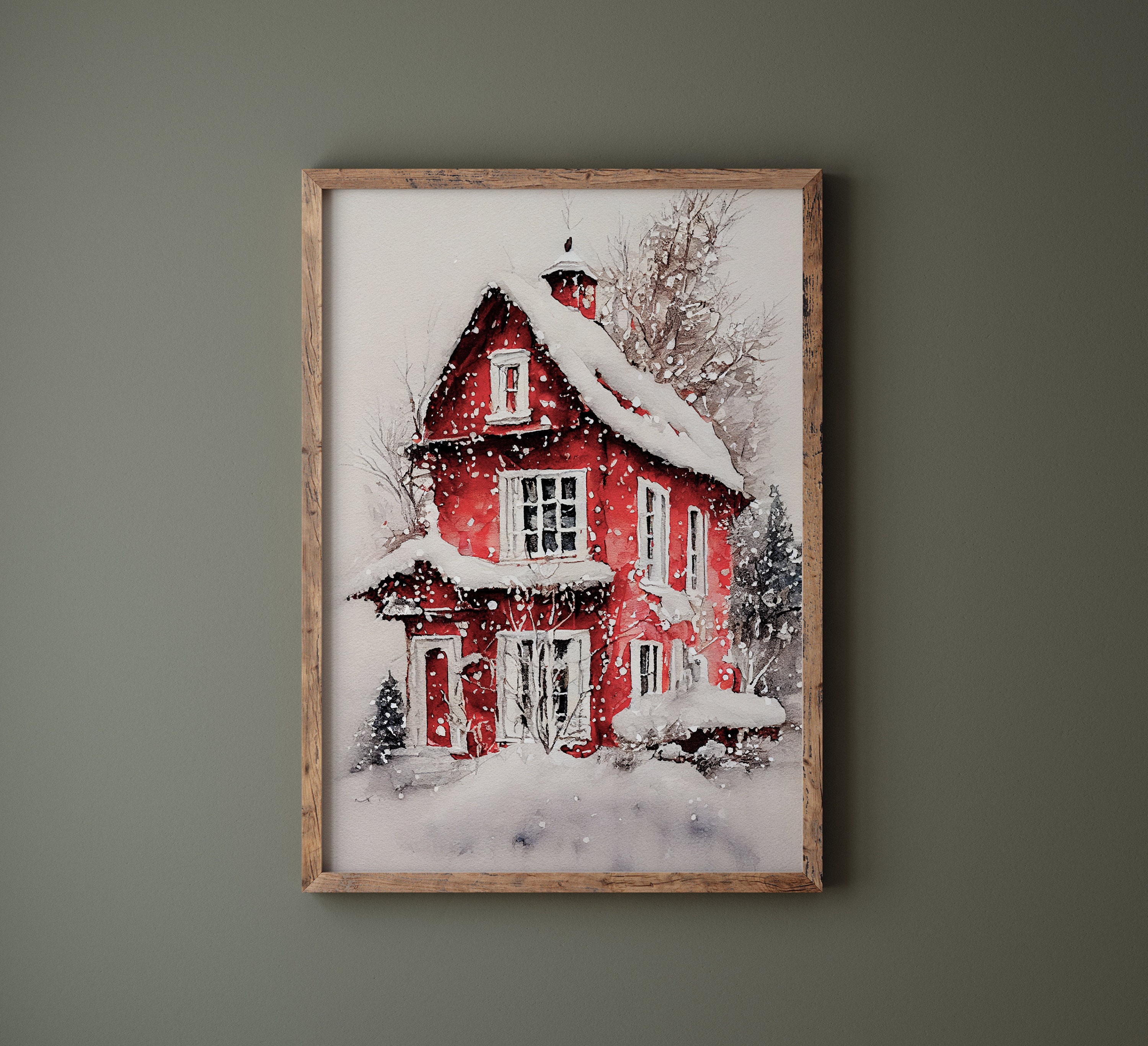 Winter House Painting Digital PRINTABLE Wall Art Red - Etsy