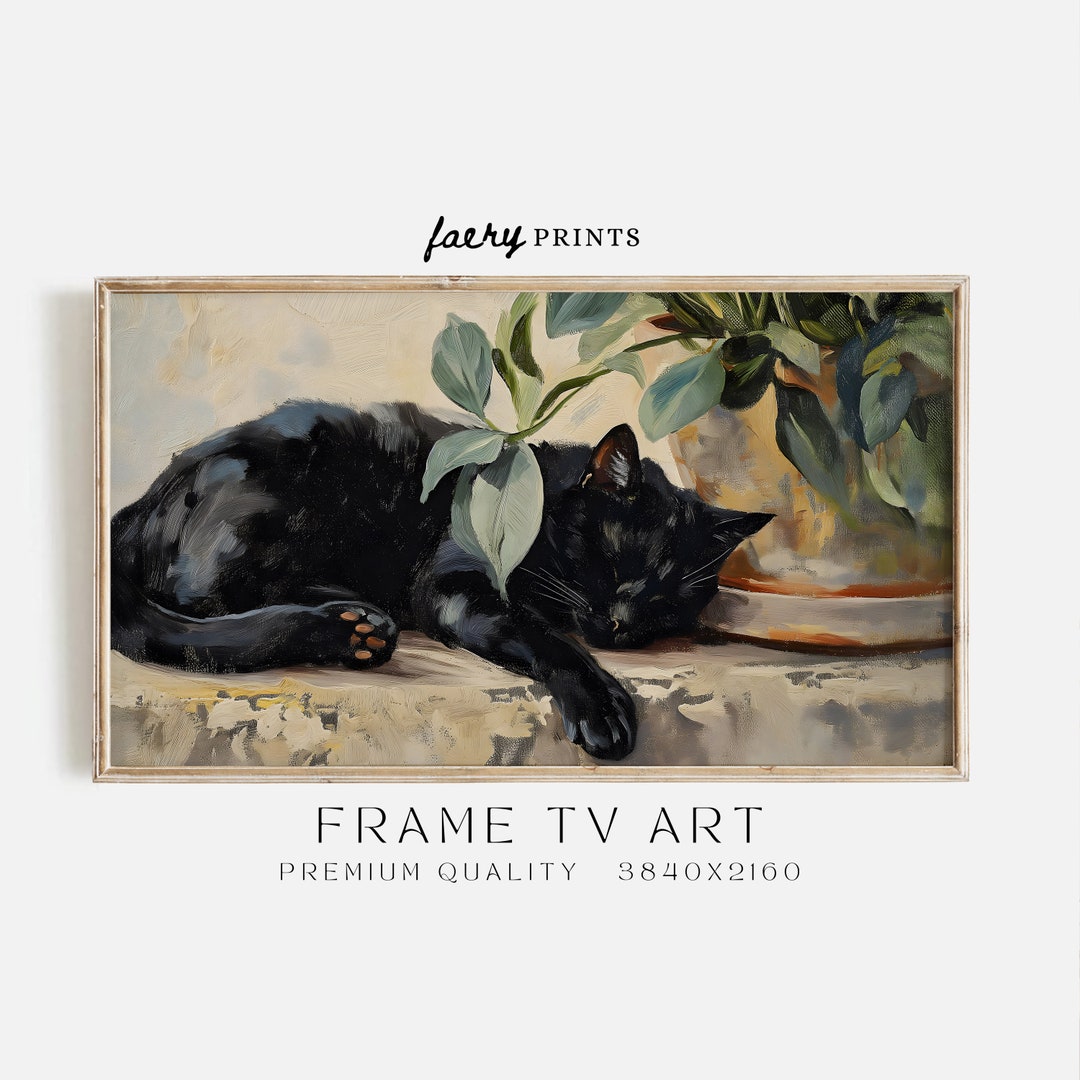 Cat Samsung Frame TV Art | Black Cat Sleeping Under Plant Frame Tv Art ...