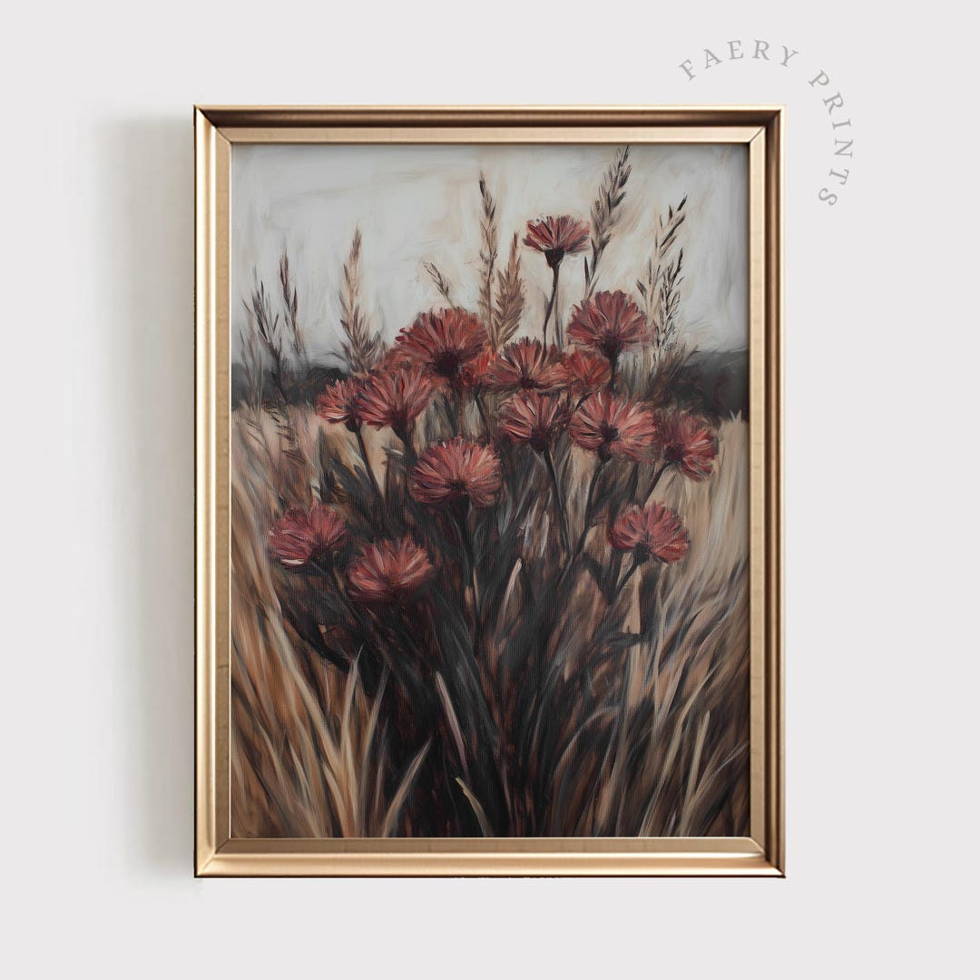 Moody Wildflower Print | Vintage PRINTABLE Wall Art | Maroon Wildflower ...