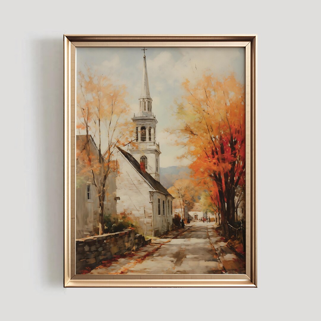 Vintage Autumn Church Painting | Printable Fall Town Art - Etsy